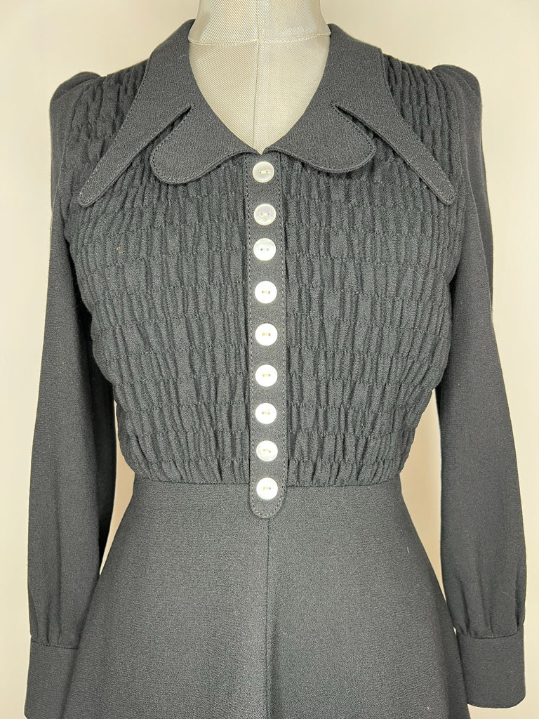 Vintage 1960s Shirred Collared Balloon Sleeve Mini Dress in Black ...